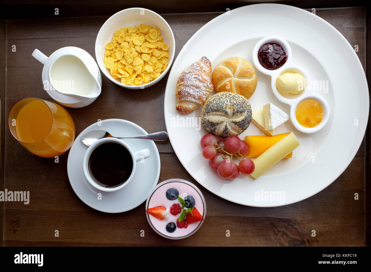 Rich continental breakfast. French crusty croissants, muesli, lots of ...