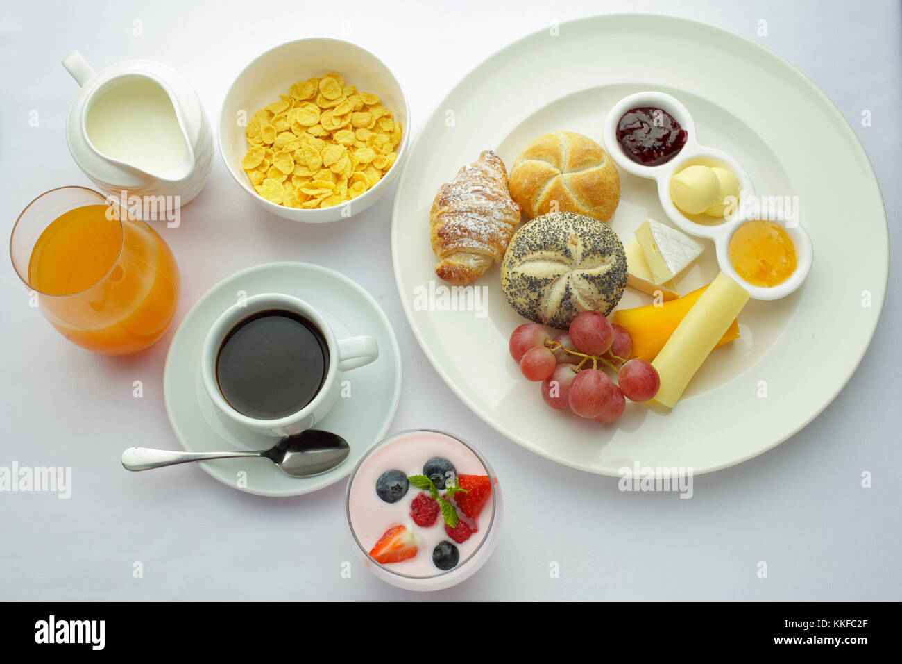 Rich continental breakfast. French crusty croissants, muesli, lots of ...
