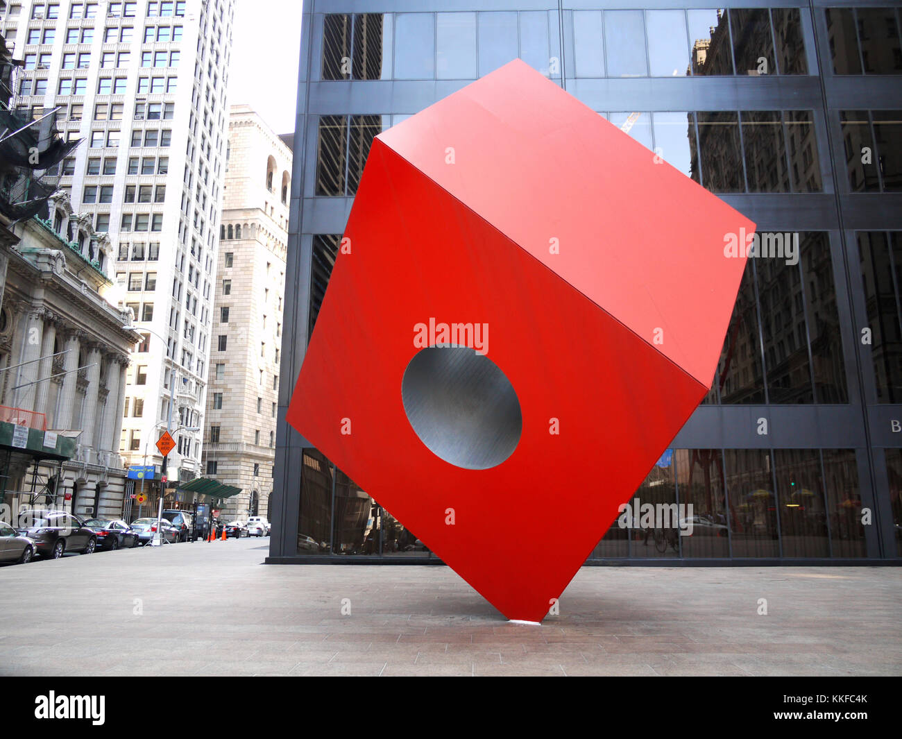 Red Cube, a 1968 sculpture by Isamu Noguchi which sits on Broadway ...