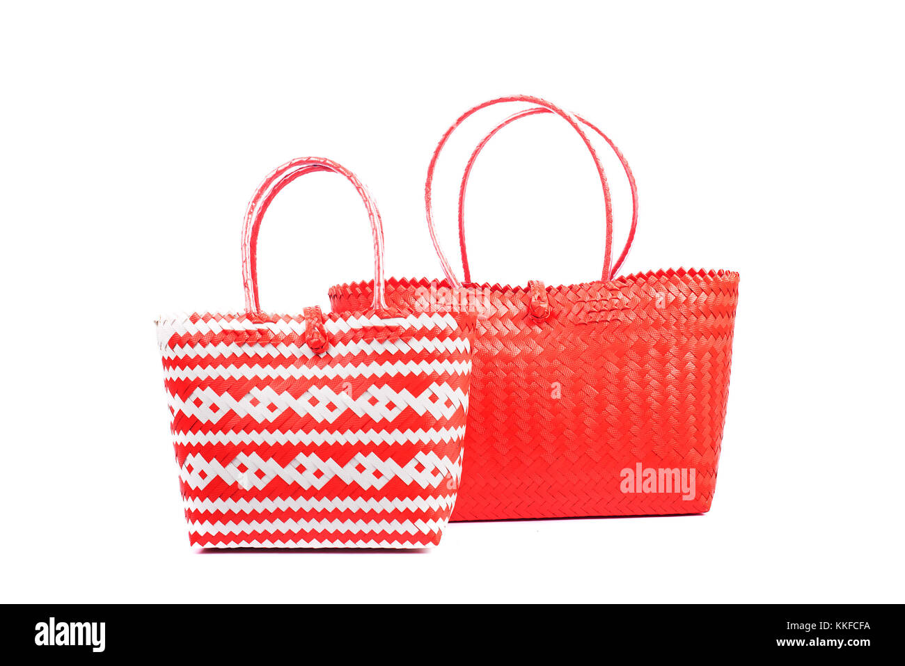 two red wicker woman's tote bag, isolated on white background Stock ...