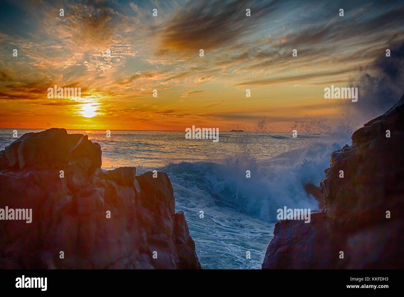 Powerful Waves crushing on a rocky beach. evening ocean power Stock ...