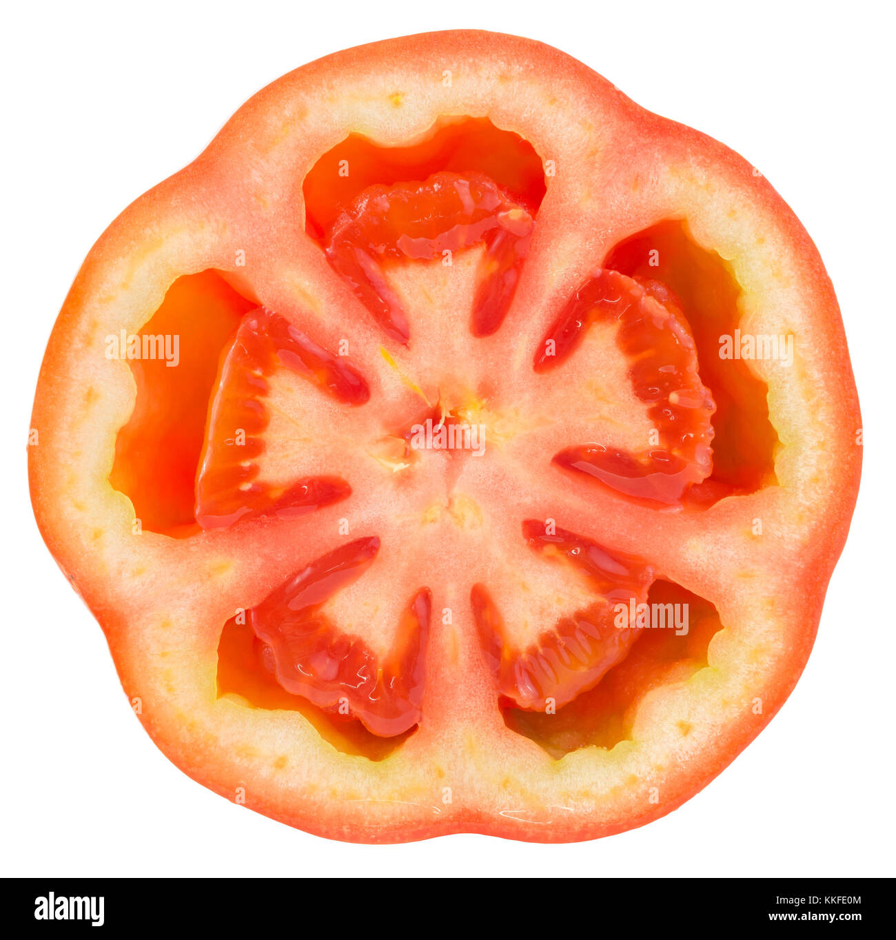 Sliced tomato isolated on white background. Detail of rounded cutted ...