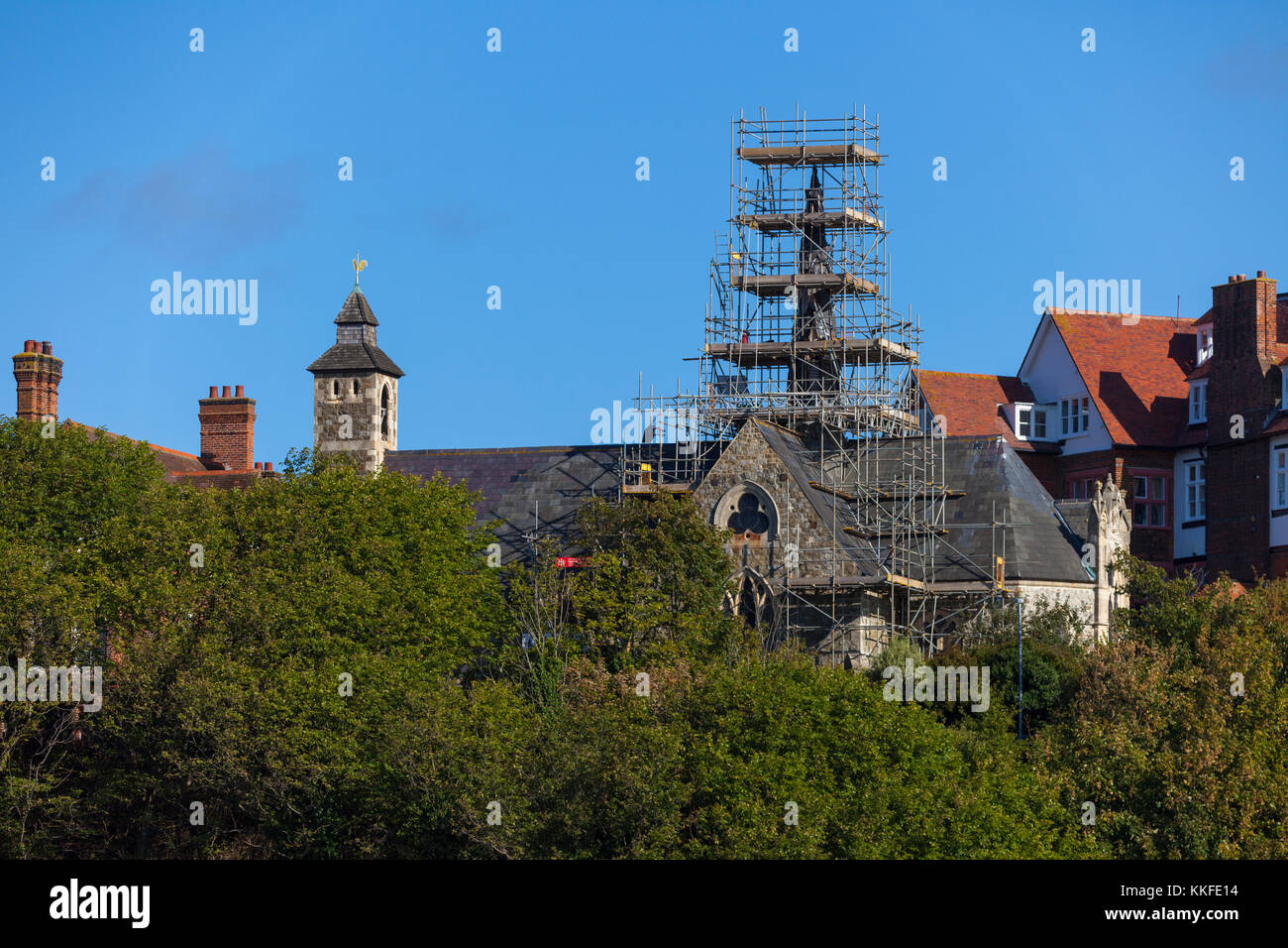 Church spire surrounded by scaffolding, Folkestone, Kent, uk Stock ...