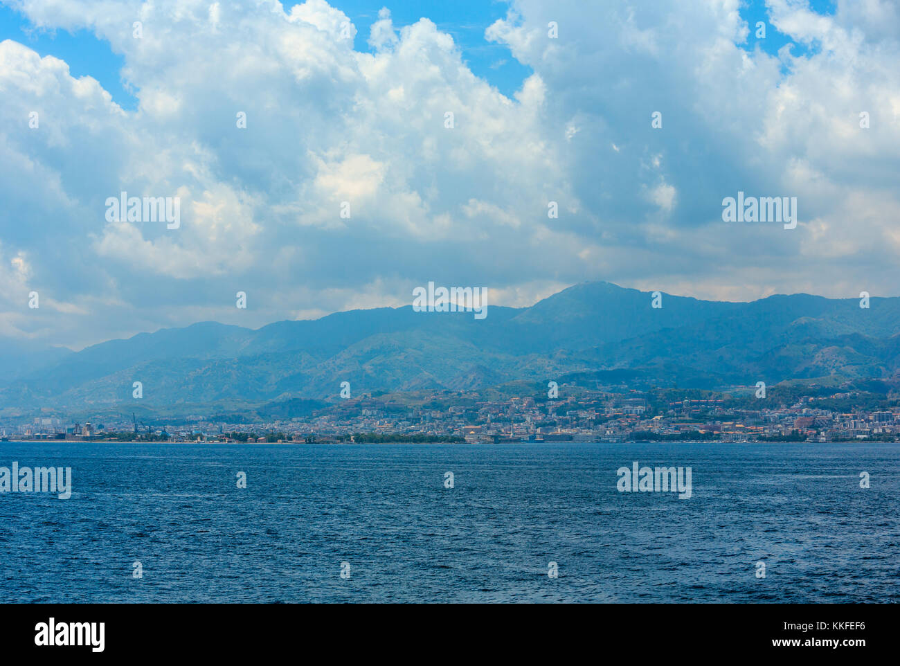 View of the Messina sea strait and coastline from the side of the ferry ...