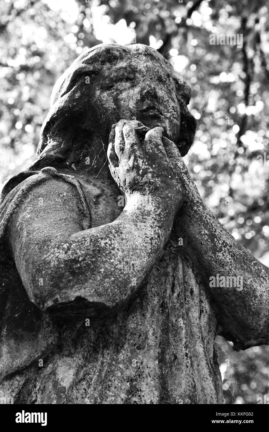 The face of a beautifully carved angel speaks of adoration and devotion ...