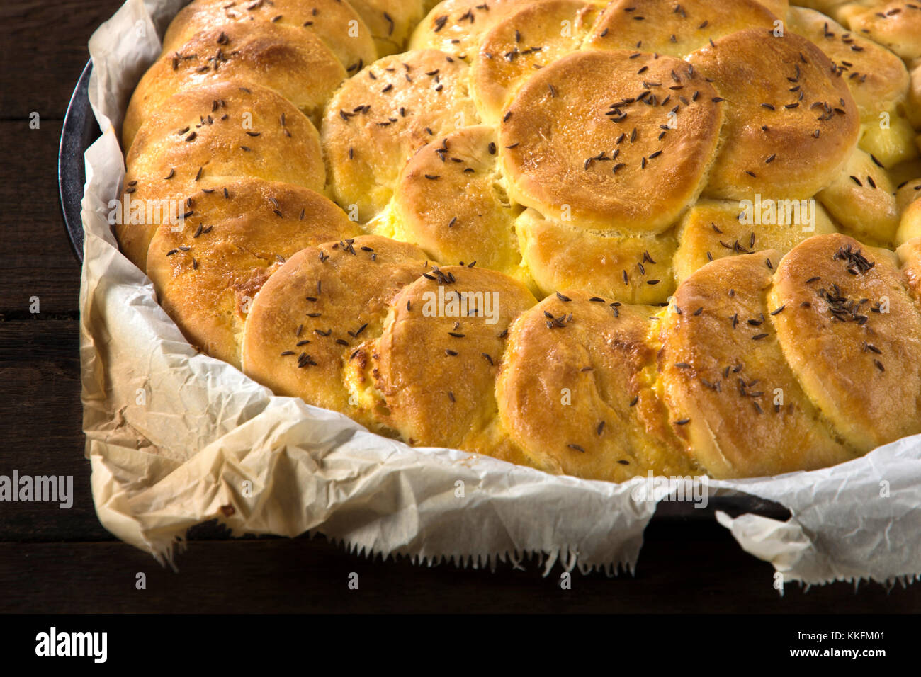 Bannock stuffed with cheese and cumin on the top,selective focus Stock ...
