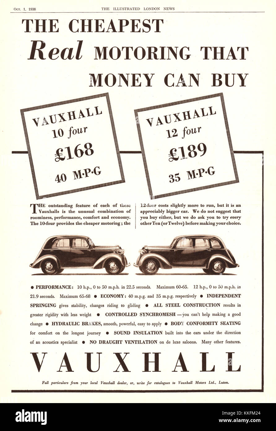 1938 UK Magazine Vauxhall Car Advert Stock Photo - Alamy