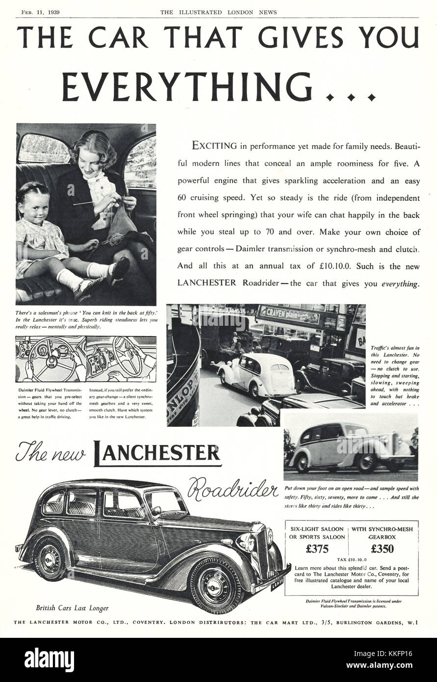 1939 UK Magazine Lanchester 'Road Rider' Car Advert Stock Photo - Alamy