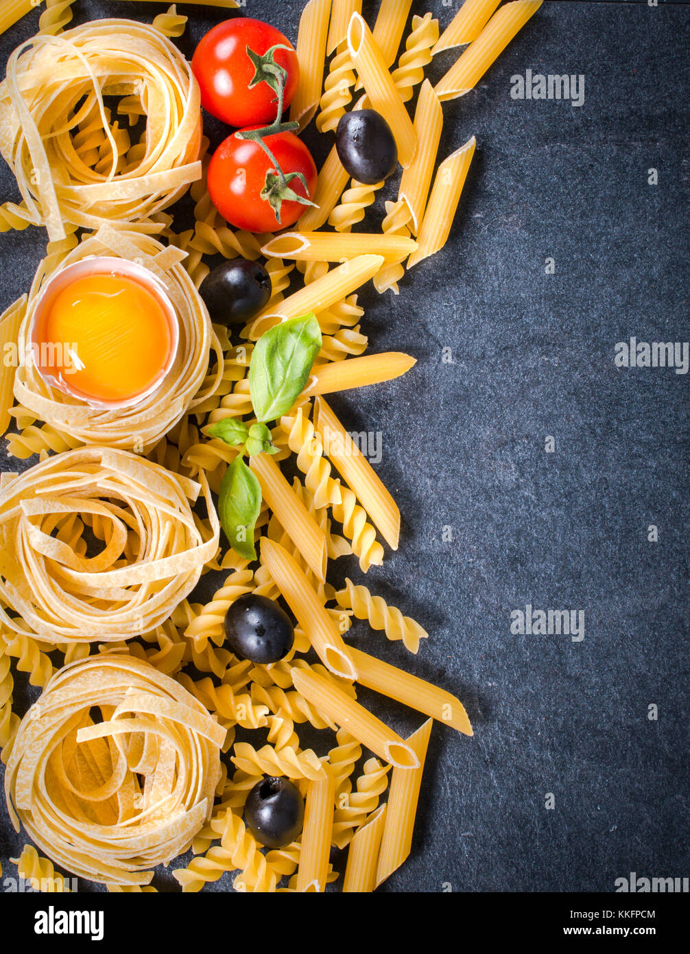 Large group of pasta and ingredients from above,blank space Stock Photo ...