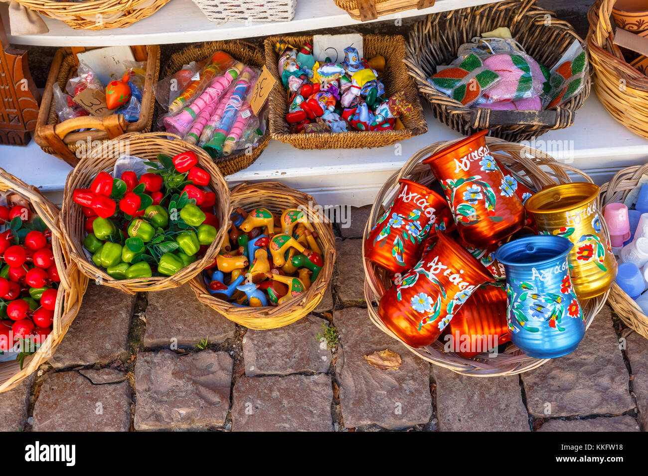 Traditional art in Agiasos market. Agiasos is located at the southern ...