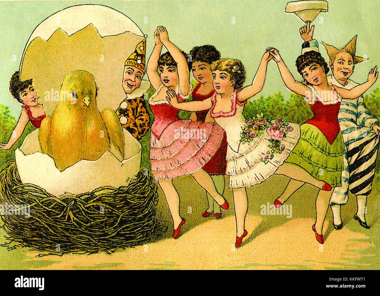 an easter scene with a large chick hatching with little people dancing ...