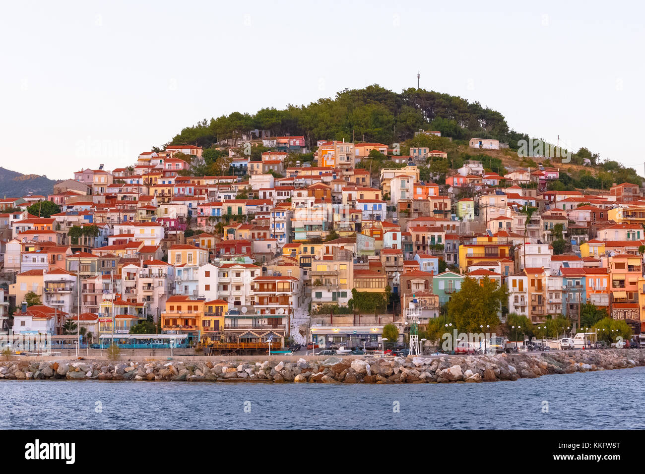 The picturesque fish village of Plomari located at the south part of ...