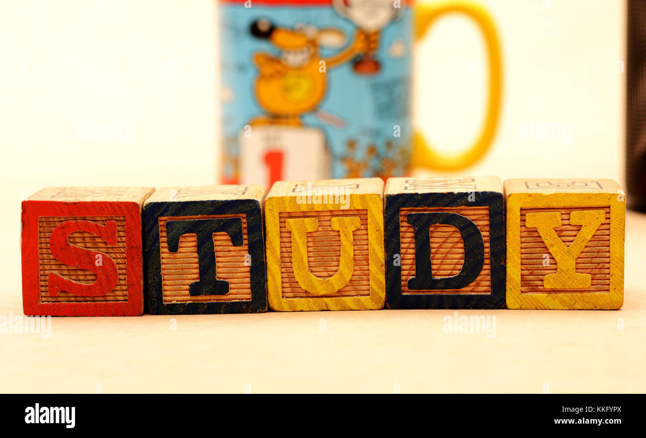 Study Word on Wooden Blocks with Colorful Cup Stock Photo - Alamy