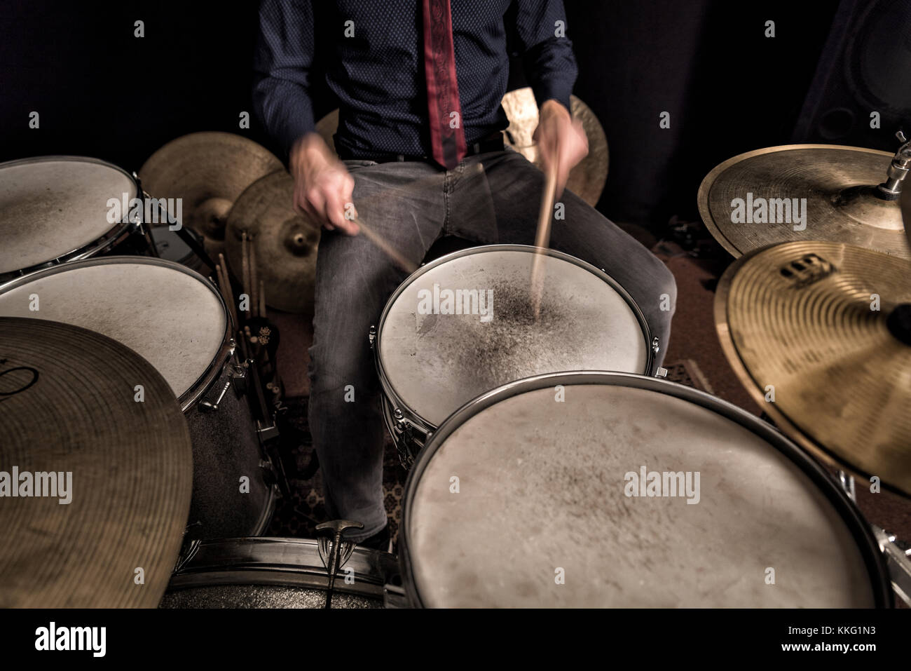 Drummer rolling on snare, closeup, front view Stock Photo - Alamy
