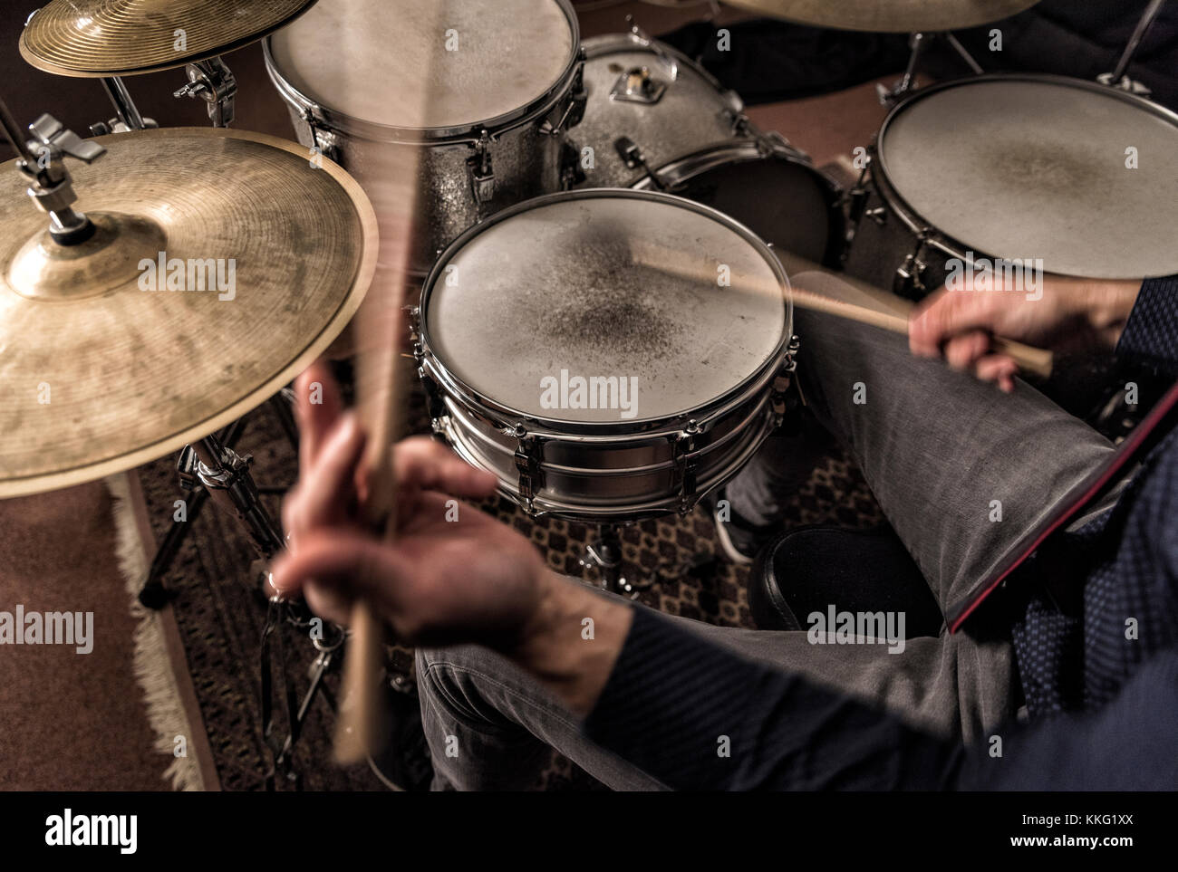 Drummer playing a rhythm, closeup, back view Stock Photo - Alamy