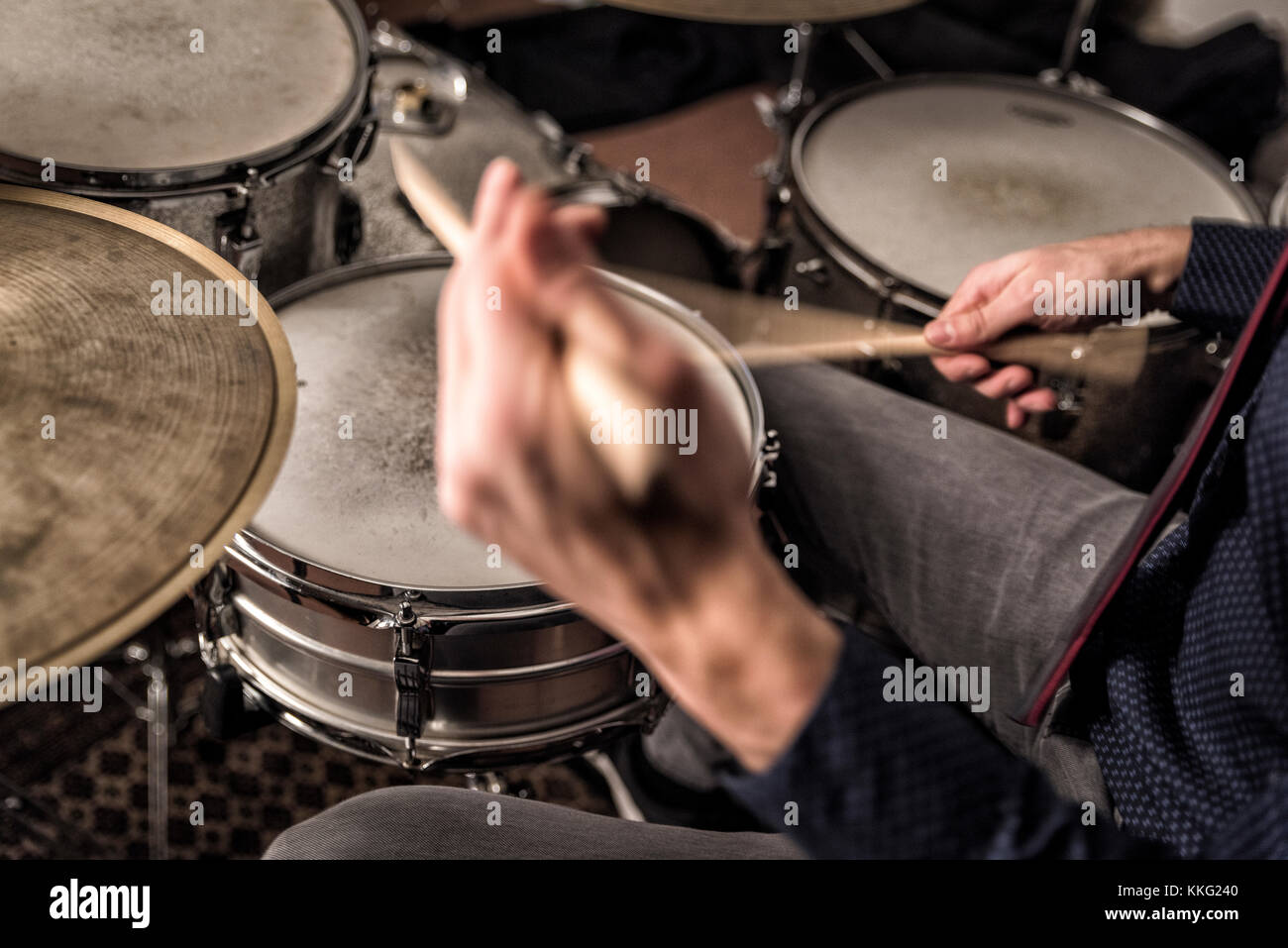 Drummer playing a rhythm, closeup, back view Stock Photo - Alamy
