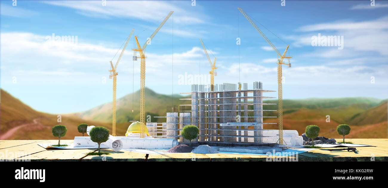Construction layout with blueprints on table and blur background ...