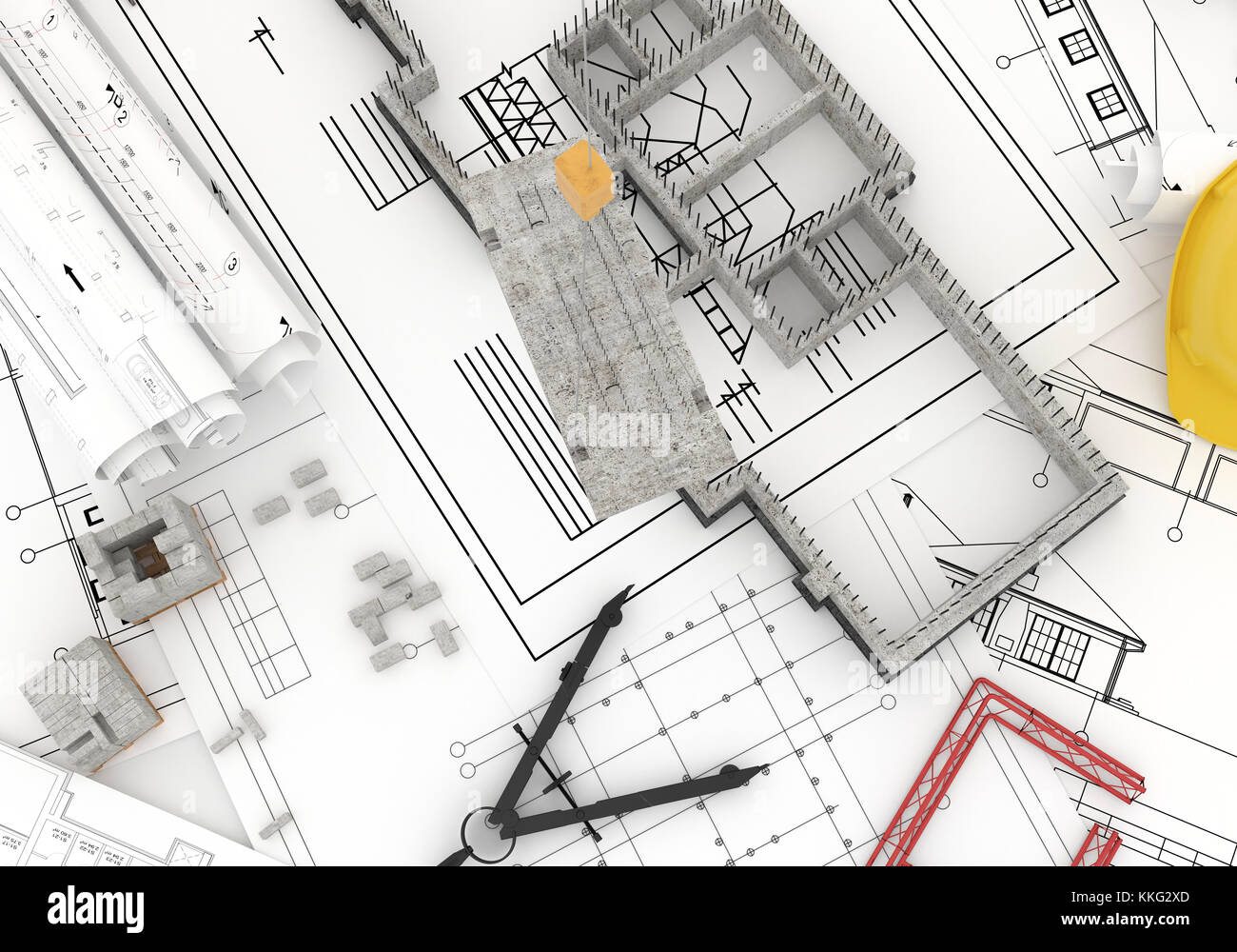 Foundation under construction with crane, on top of blueprints Stock ...
