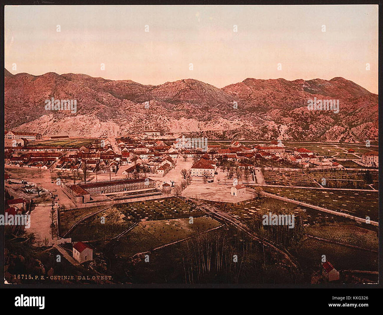 vintage European town or village scene colourized from black and white ...