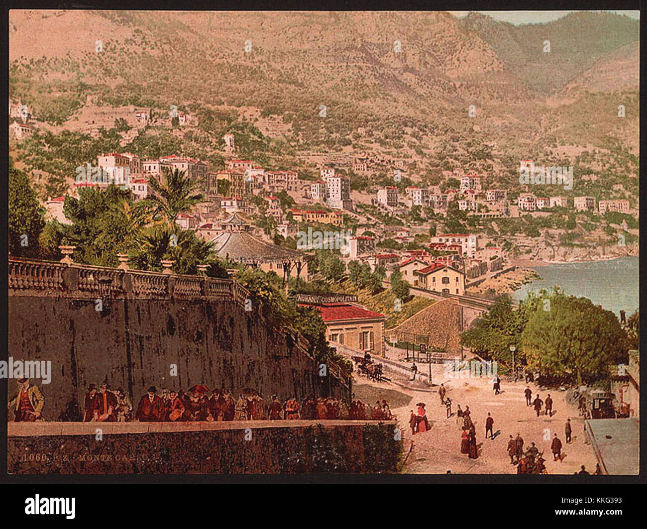 vintage European town or village scene colourized from black and white ...