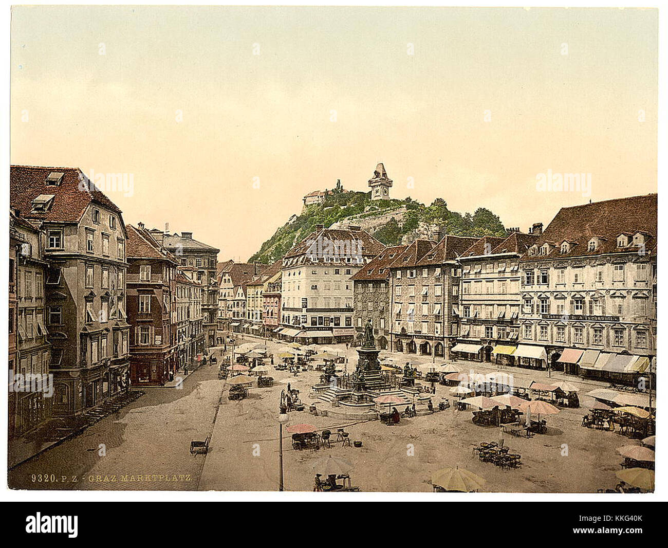 vintage European town or village scene colourized from black and white ...