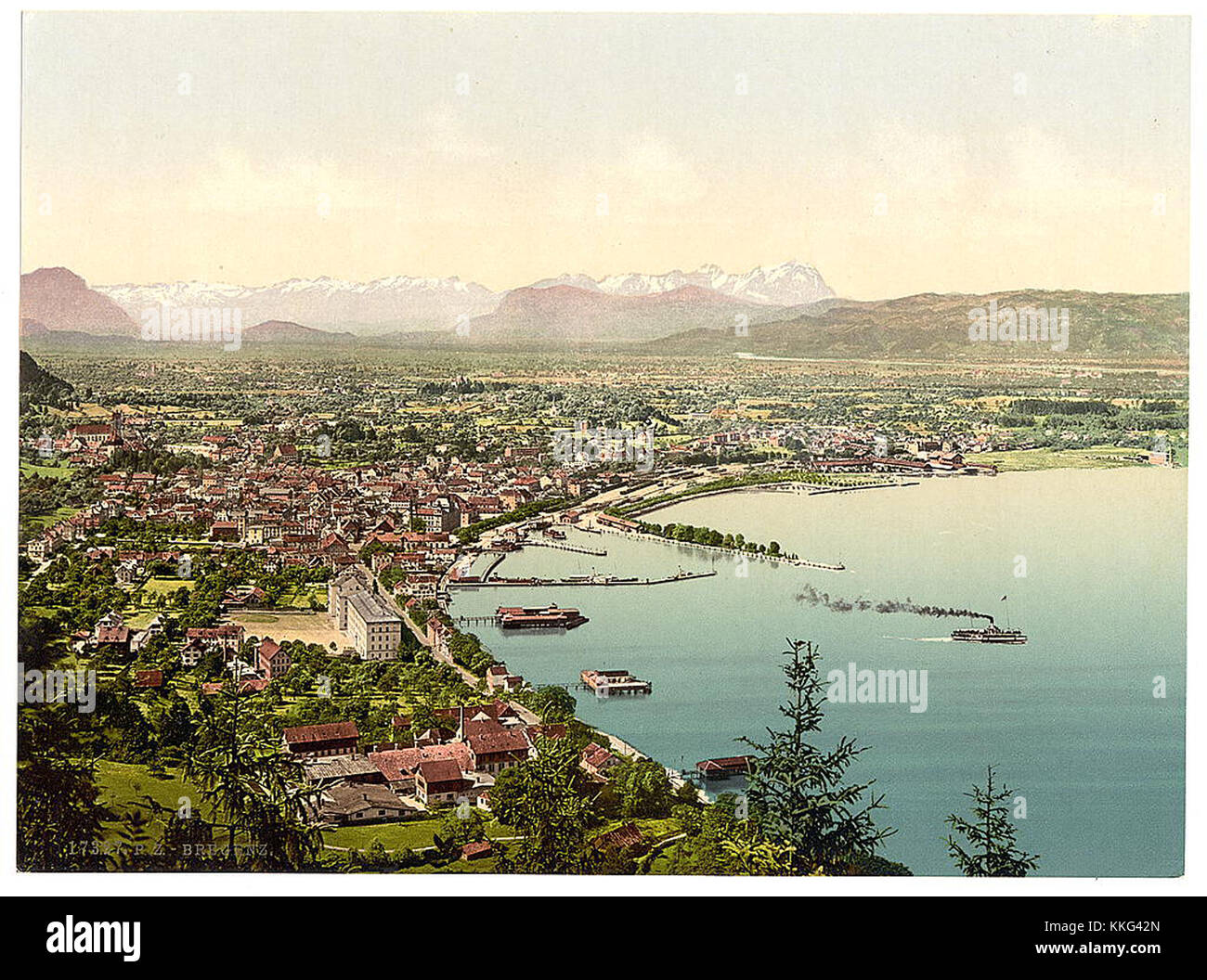 vintage European town or village scene colourized from black and white ...