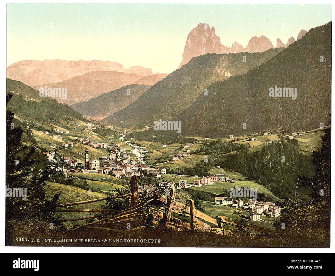 vintage European town or village scene colourized from black and white ...