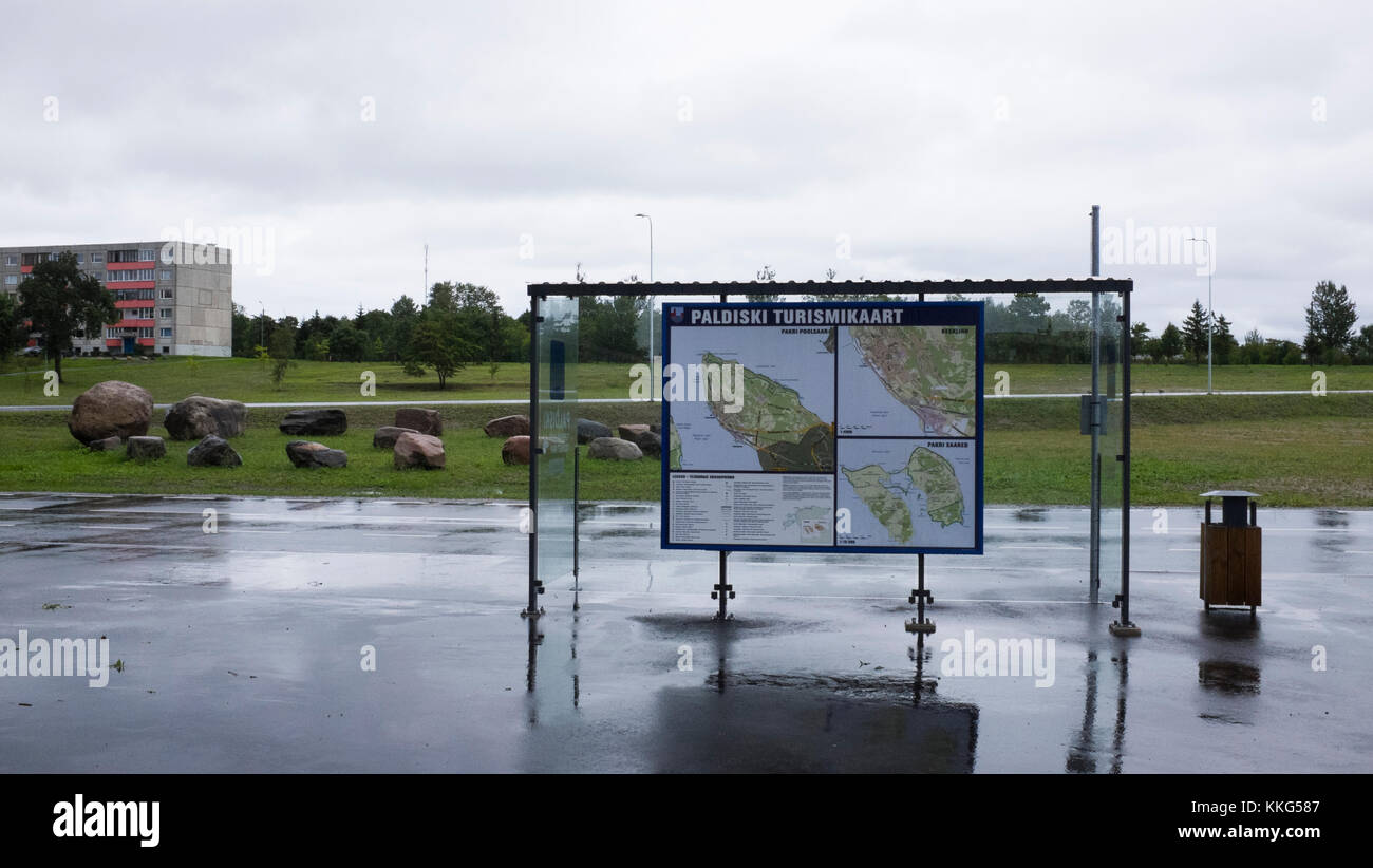 Bus stop outside station in the former closed town of Paldiski, Estonia ...