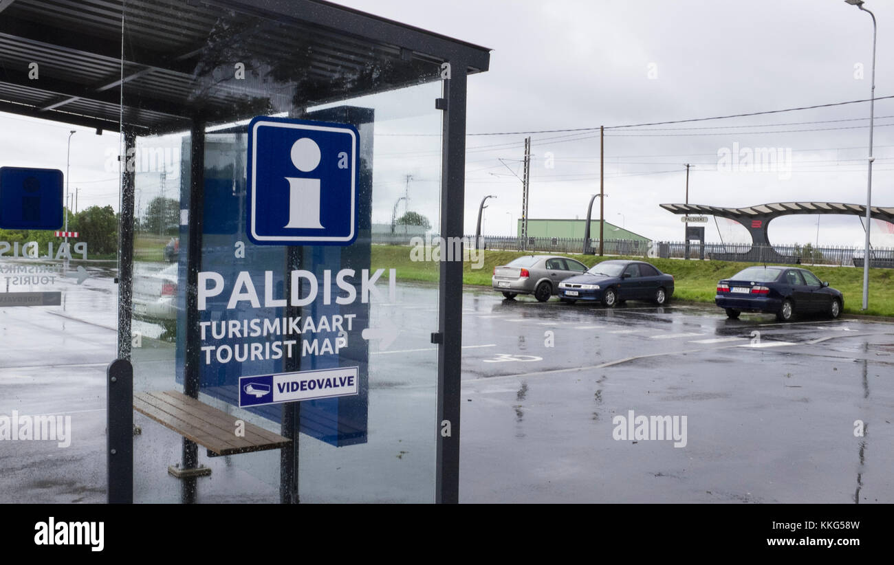 Bus stop outside station in the former closed town of Paldiski, Estonia ...