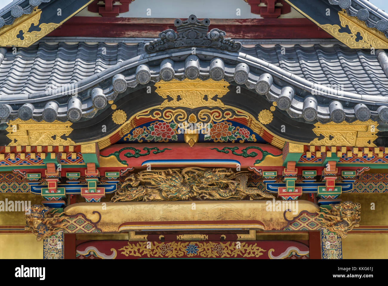 Sezonin temple colorful facade Shishi (Lion- Dog) and carved golden ...