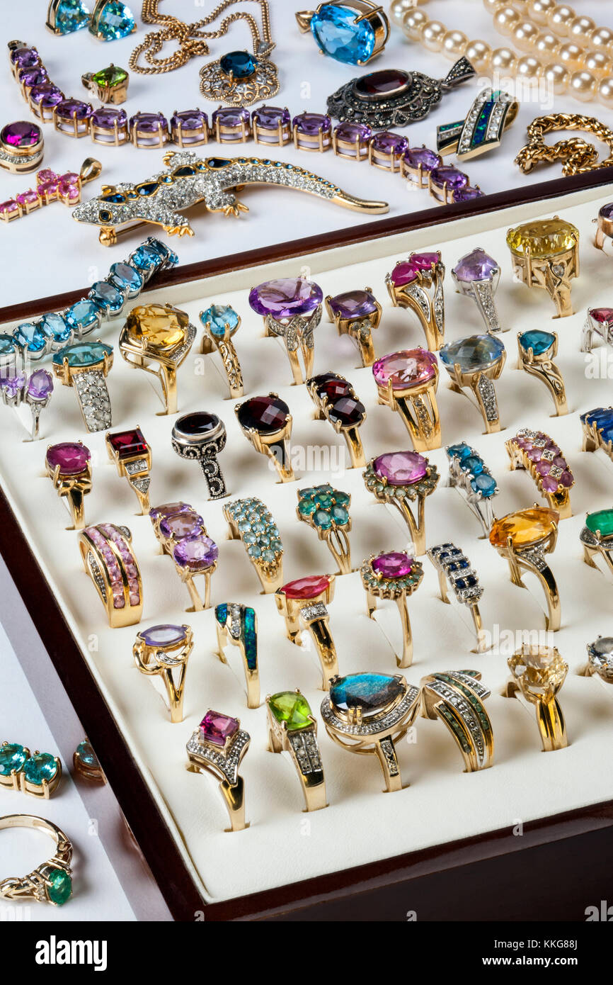 A collection of rings and other jewelry including diamonds, ruby ...