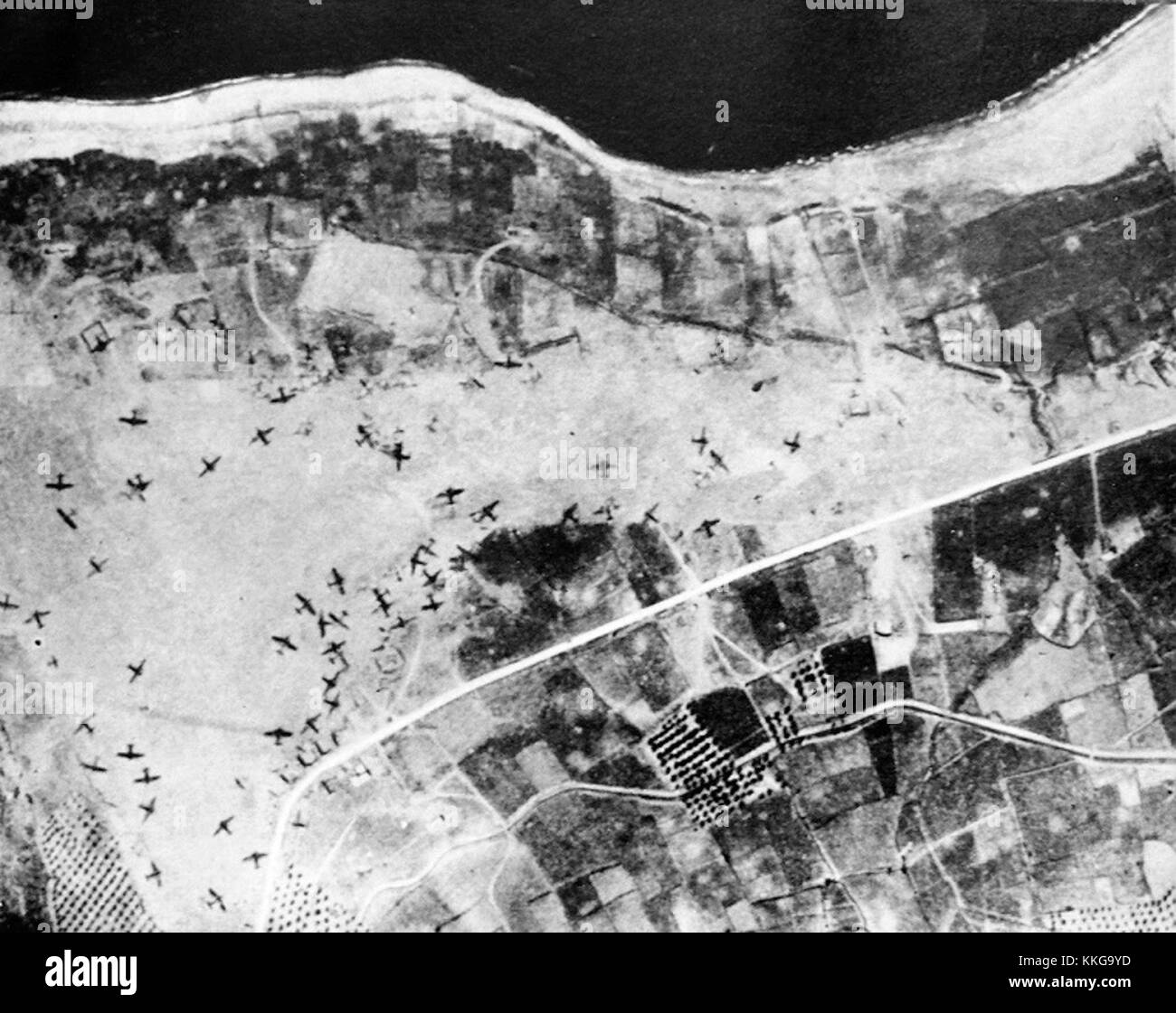 A historic photograph from 1941 of Maleme airfield in Crete, featuring ...
