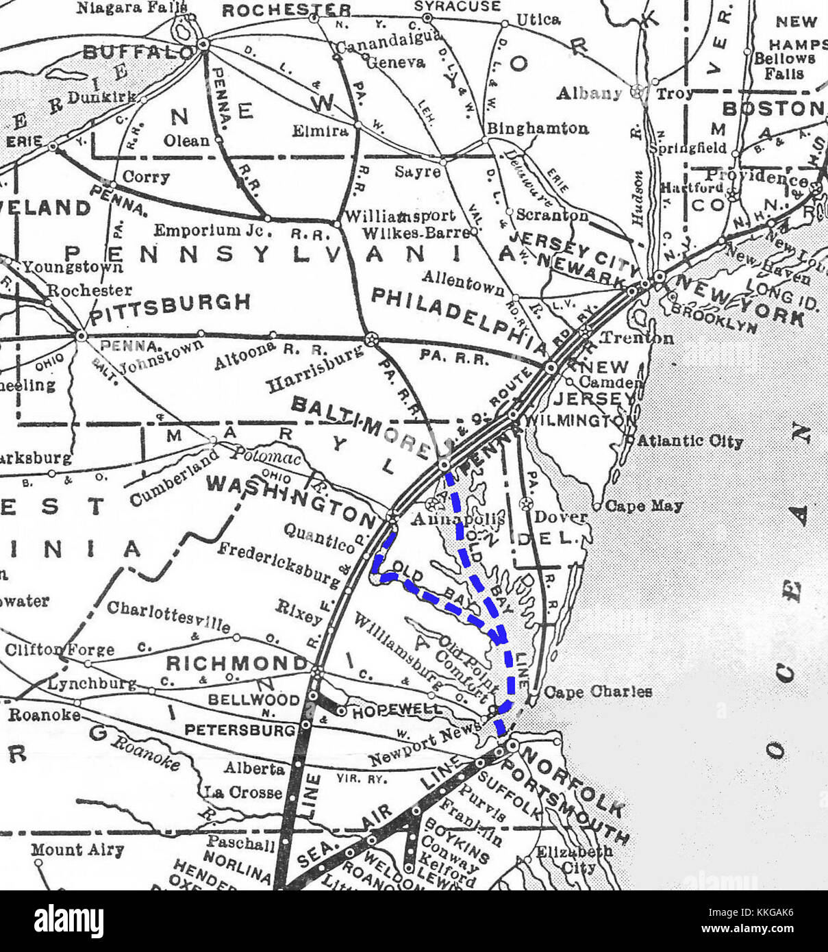 This title refers to a historical map of the Old Bay Line, a steamboat ...