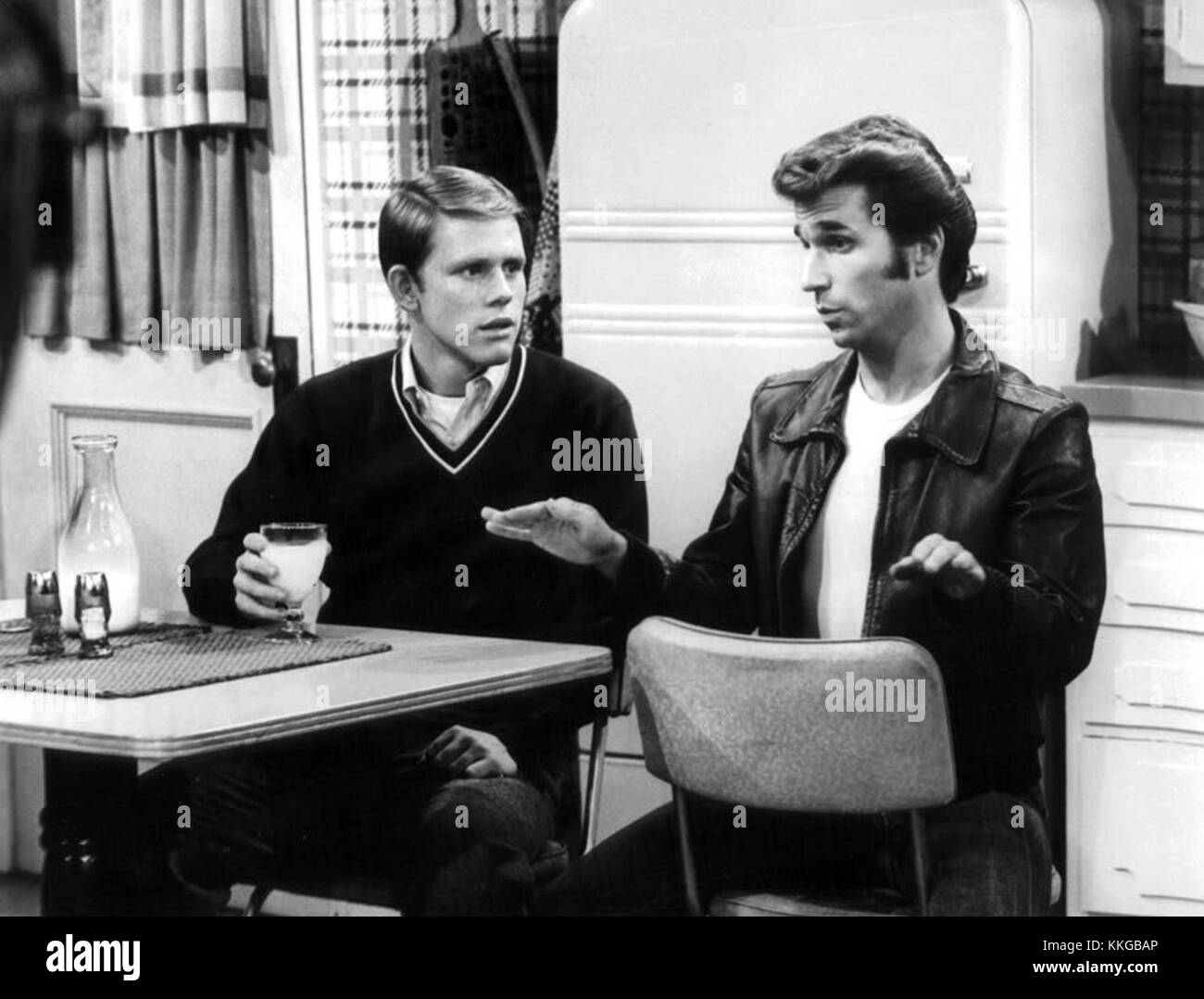 Richie Cunningham and Arthur 'Fonzie' Fonzarelli from the TV show *Happy Days*, depicted in this ...