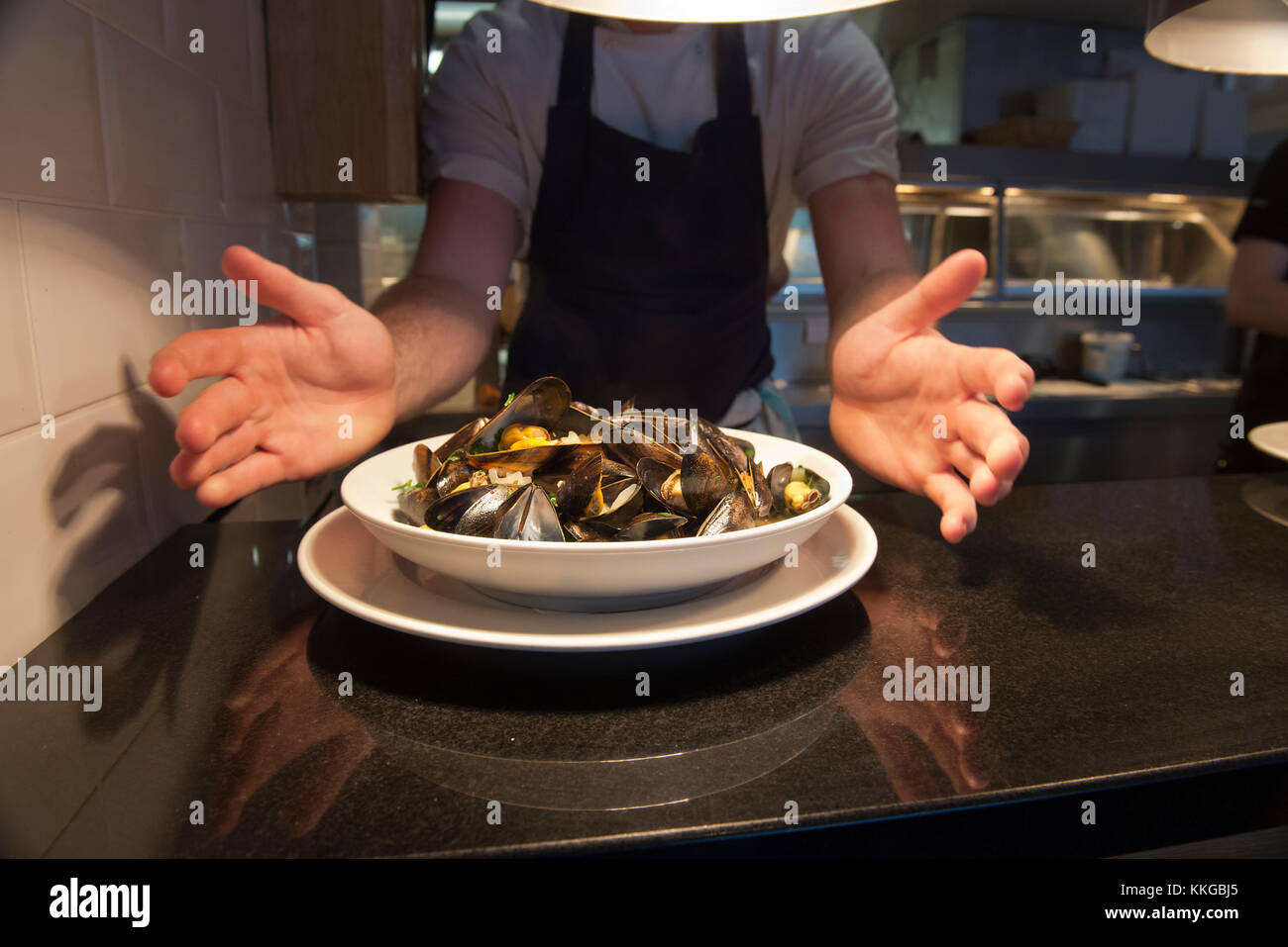 Portion of freshly cooked mussels at Rick Steins Fish & Chips ...