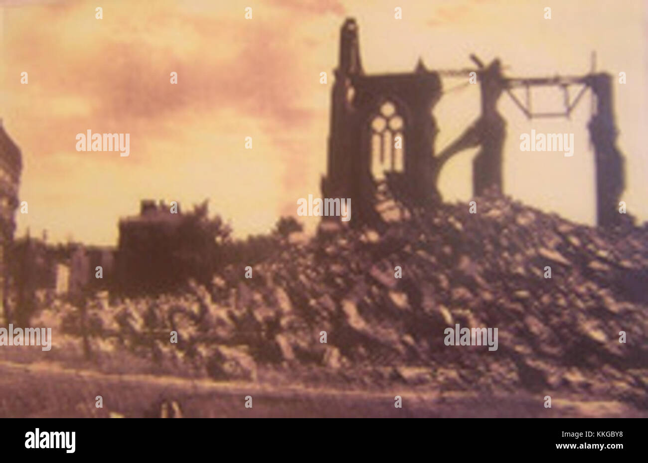 This image shows the post-war ruins of St. Florian's, a site marked by ...