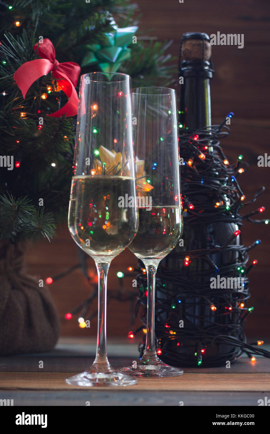 Festive still life with two glasses and a bottle of champagne Stock ...