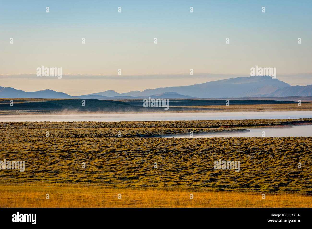 Song Kul lake in mist in early morning light, Kyrgyzstan Stock Photo ...