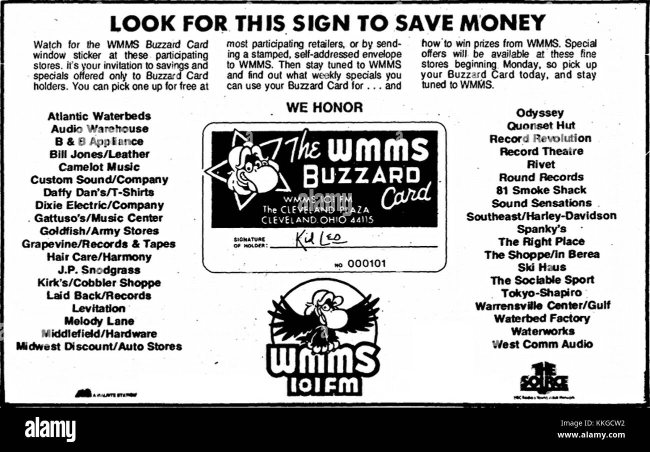 This 1980 print ad features the WMMS Buzzard Card, a promotional item ...