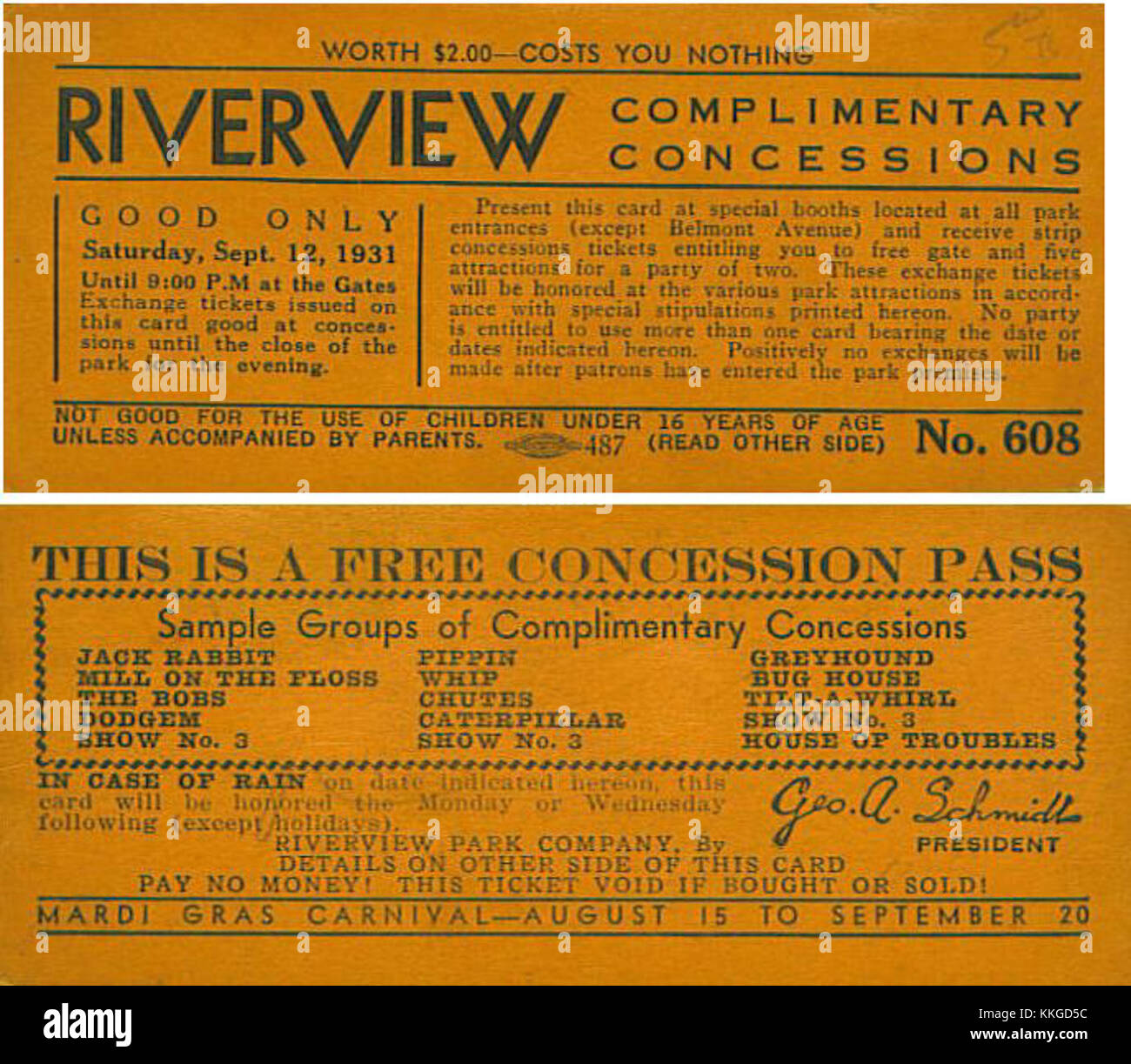 This image shows a Concession Pass for Riverview Park, Chicago, dated ...