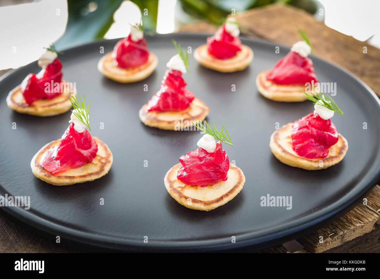 Beetroot Cured Salmon, buckwheat Bellini sour cream top snacks ...