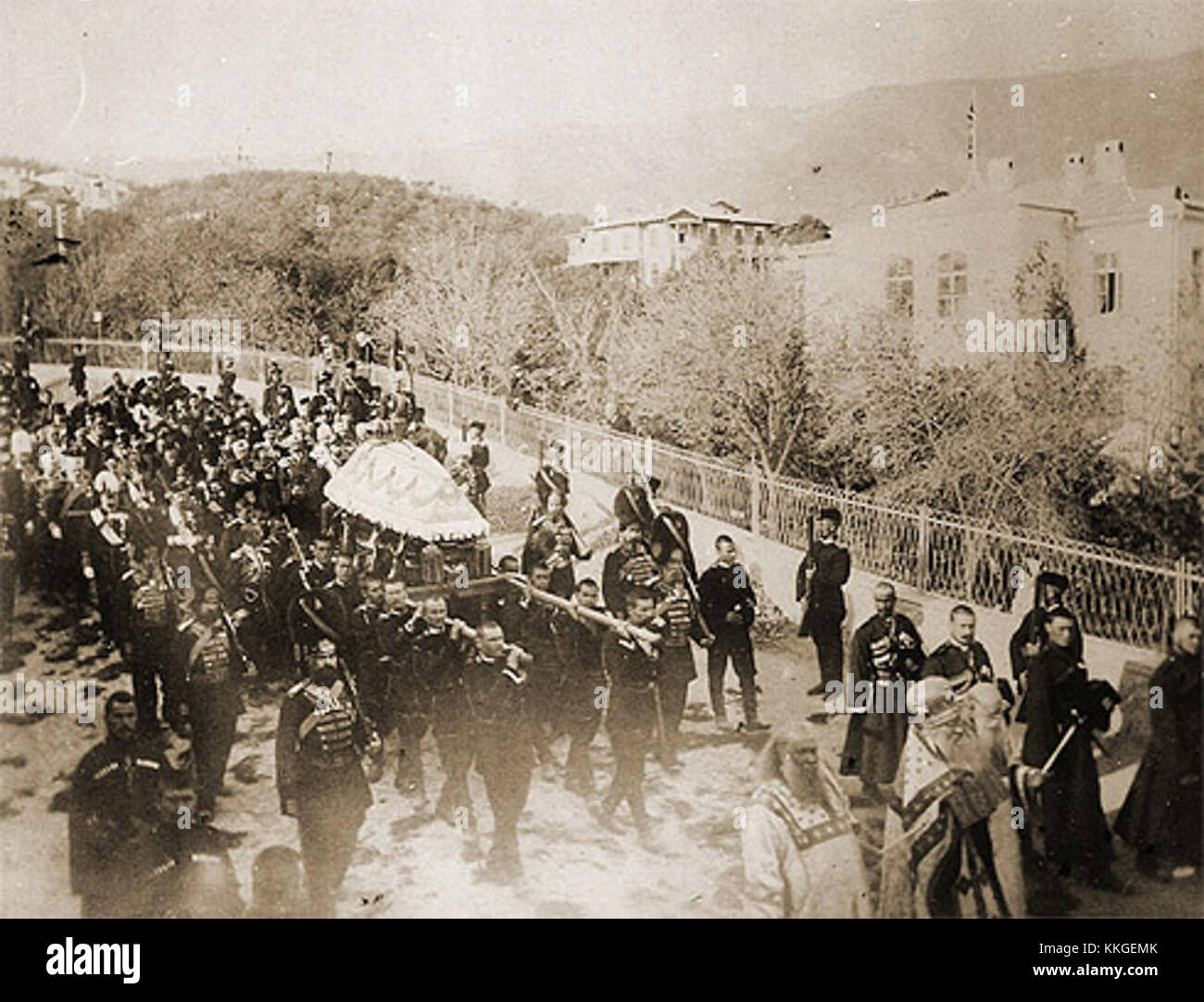 A historical photograph or artwork depicting the funeral of Alexander ...
