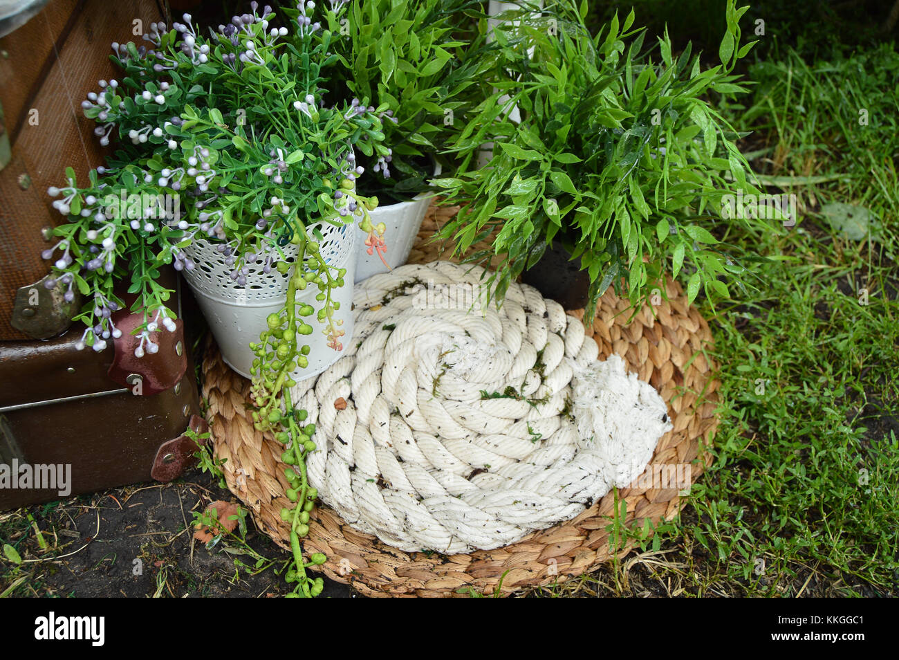 Beautiful still life in the garden. Jute rope, Mat, plants in the pot ...