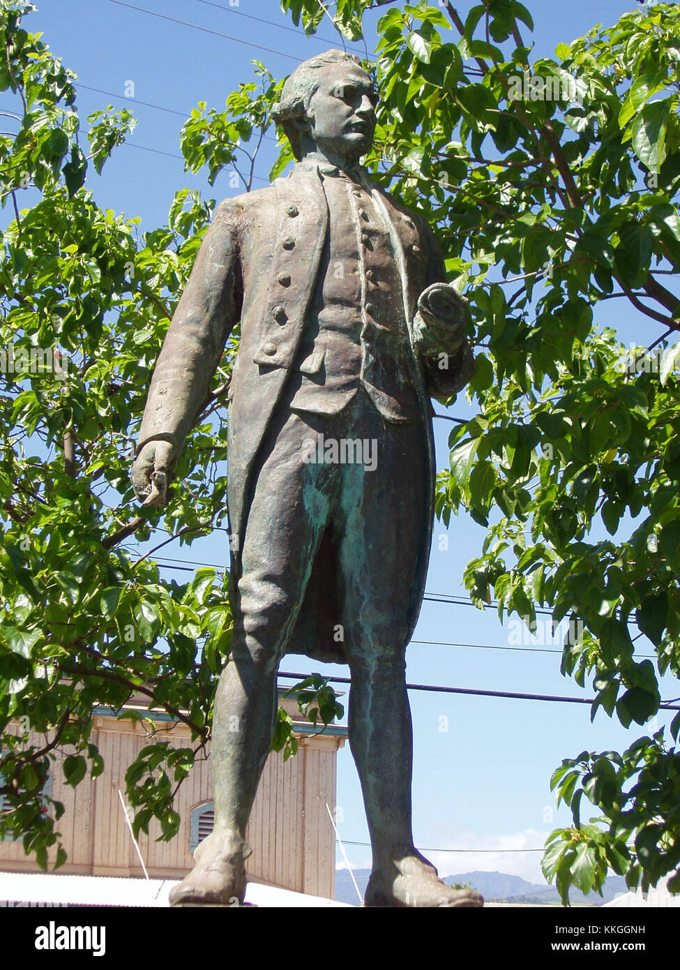 The statue of Captain James Cook in Waimea, Kauai, Hawaii, commemorates ...