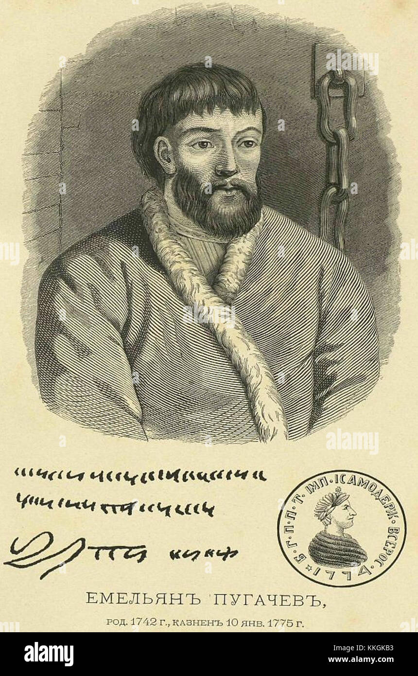 This engraving depicts Emelyan Pugachev, a Russian peasant and leader ...