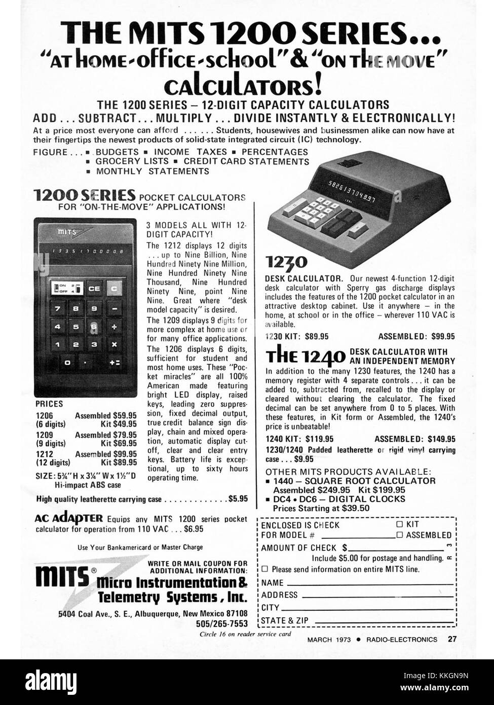 The 1973 advertisement for the MITS Calculator 1200 Series introduces ...