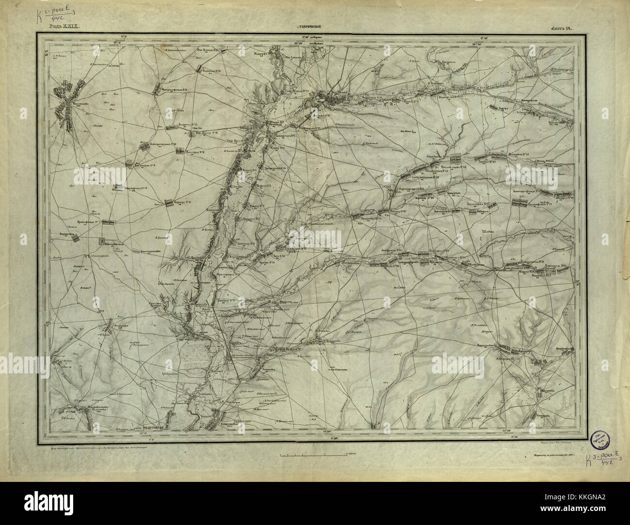 This 1875 map shows the region between Melitopol and Tokmak, two cities ...