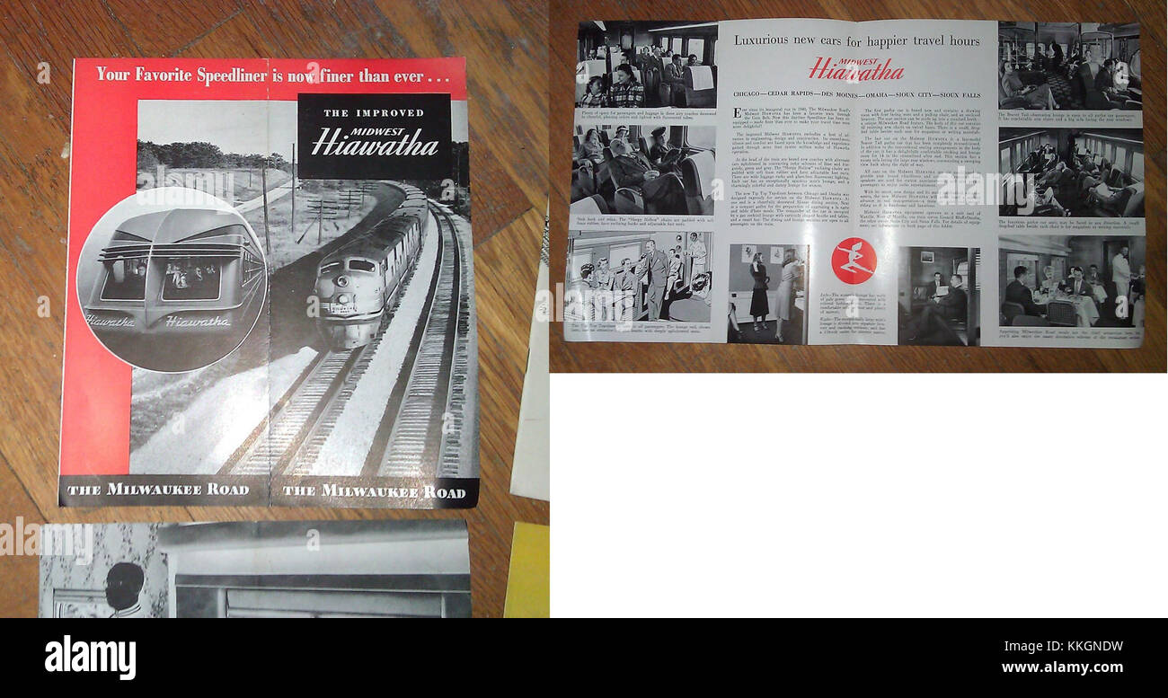 This image shows a vintage flyer for the Midwest Hiawatha, a passenger ...