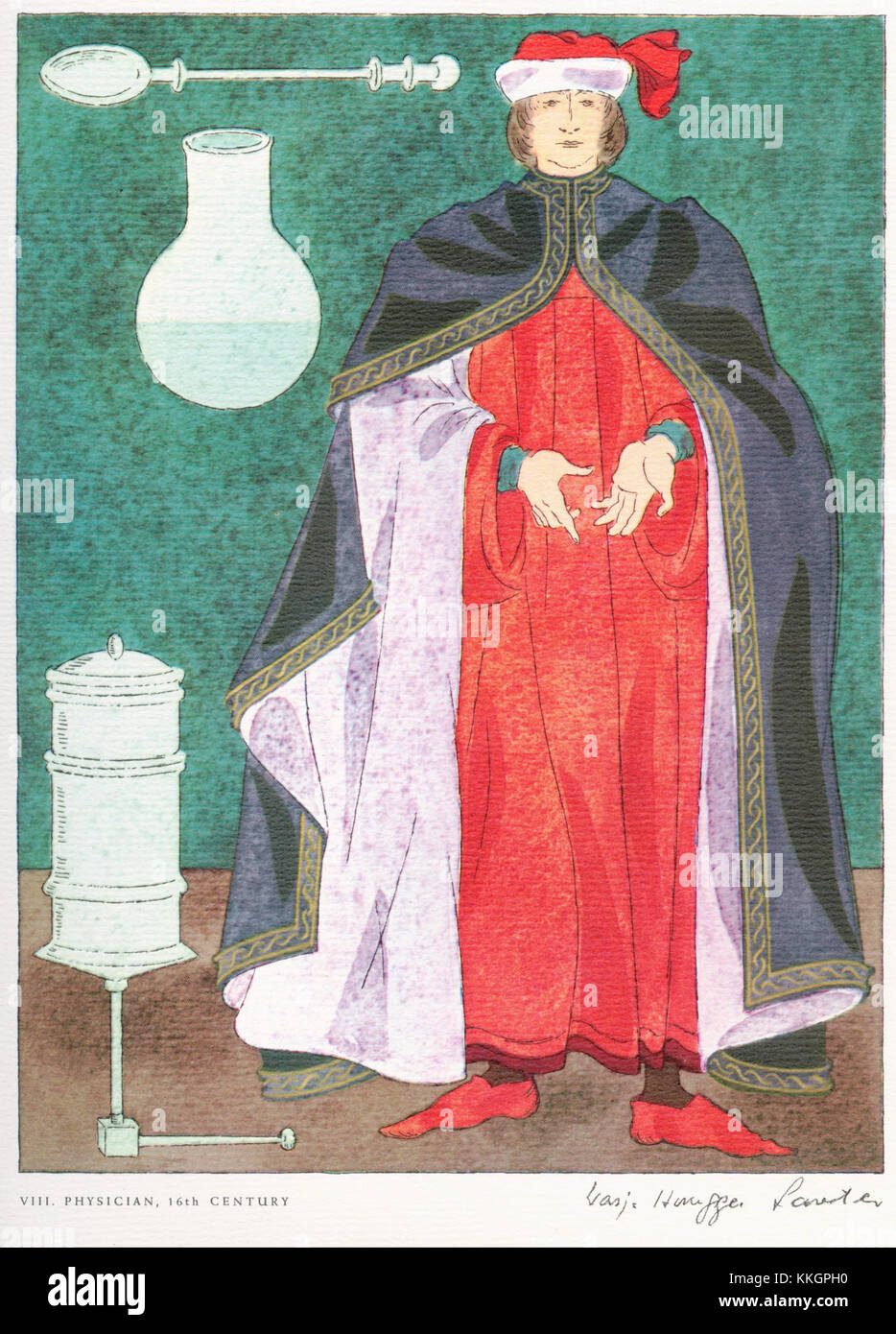 This historical image portrays a 16th-century physician, showcasing ...