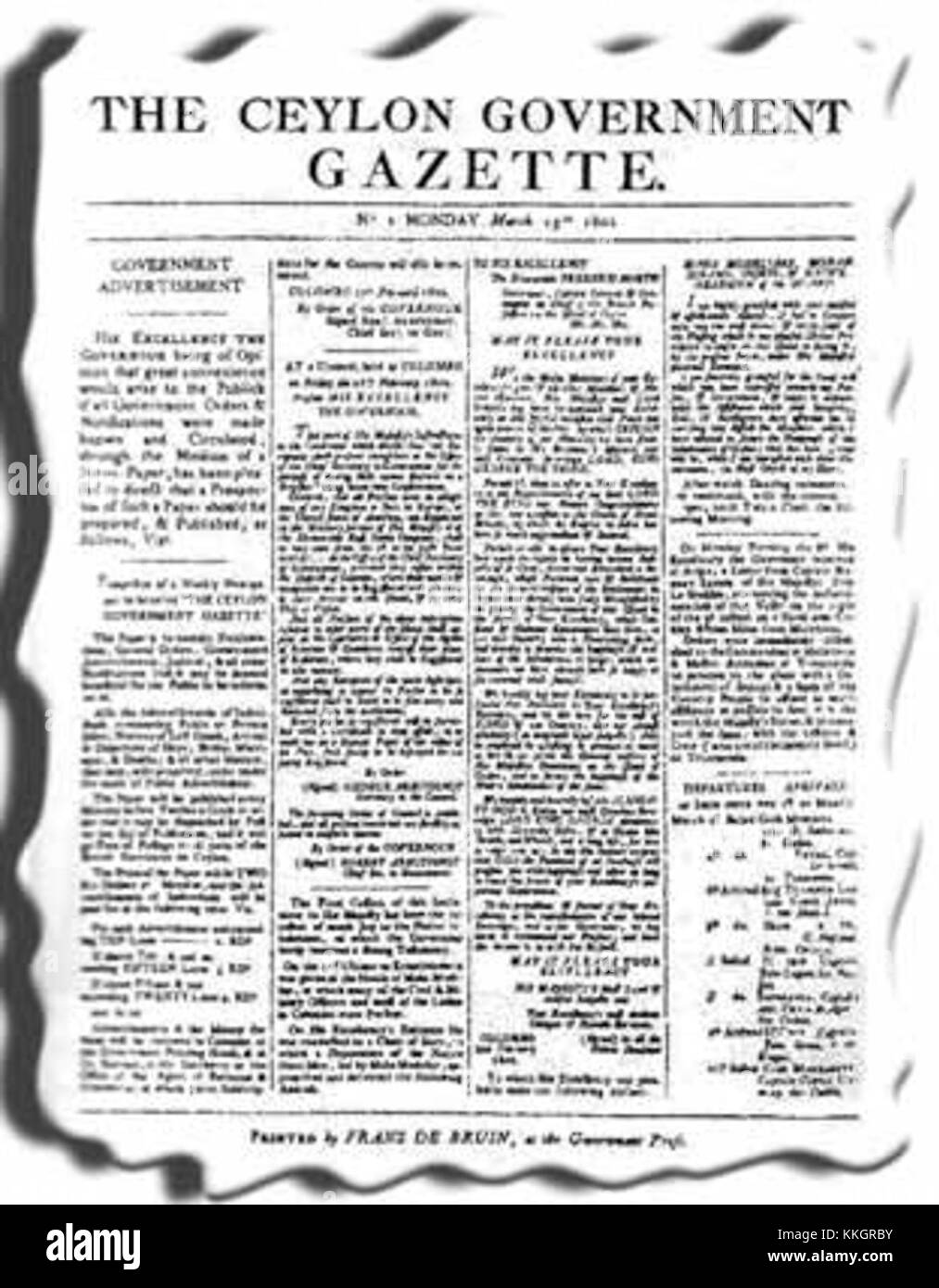 The front page of the Ceylon Government Gazette, a historical ...